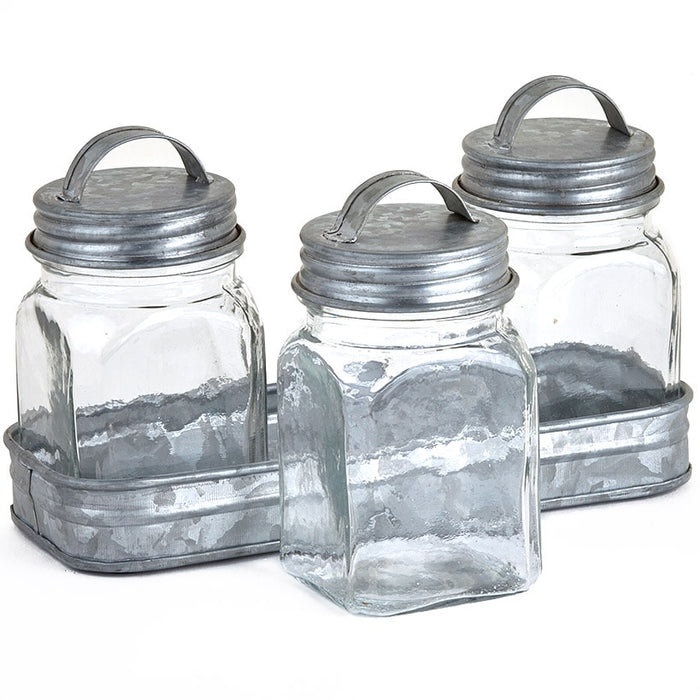 Set of 3 Glass Canisters in Galvanized Tray | LTD Commodities