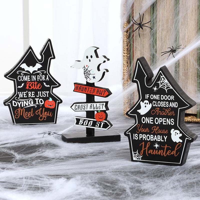 Halloween Tabletop Wood Decor In Black Cat Or Haunted Lane Trio | LTD ...