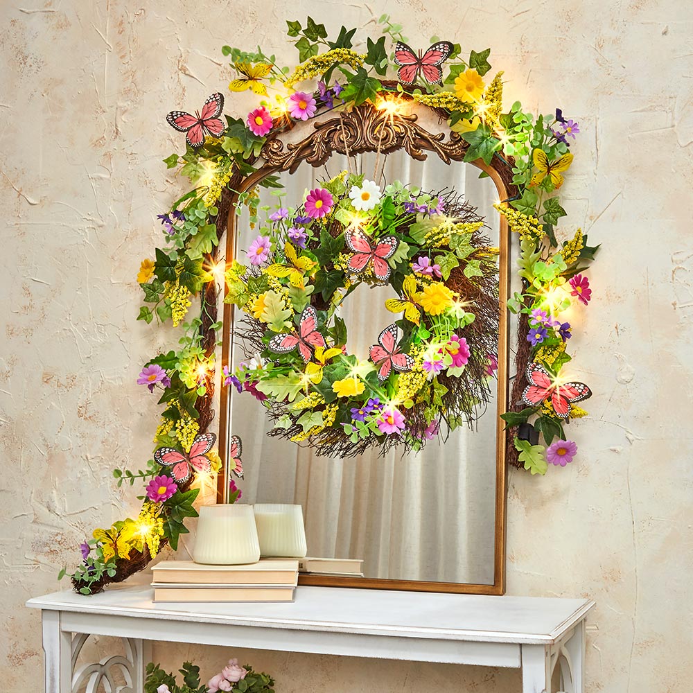 Summer Butterfly and Flower Lighted Wreath or Garland-Seasonal Decor ...