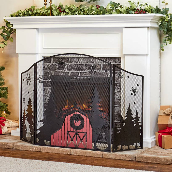Red Barn Christmas Fireplace Screen | LTD Commodities